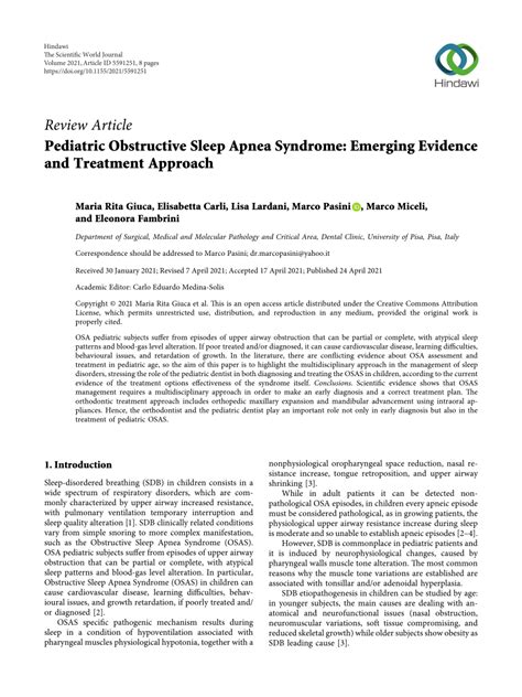 Pdf Pediatric Obstructive Sleep Apnea Syndrome Emerging Evidence And Treatment Approach