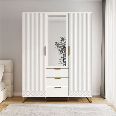 Aro Modern 3 Door Mirrored Armoire Dresser With Shelves And Drawers Tall