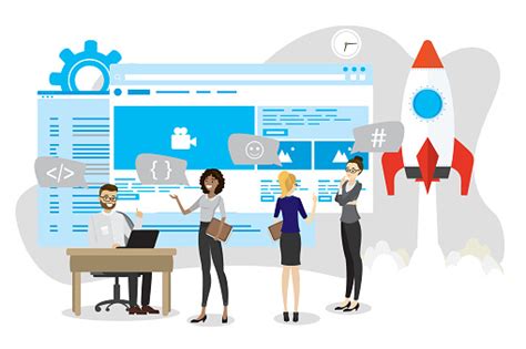 응용 프로그램 또는 웹 사이트 개발 만화 세 사업가와 프로그래머 우주선 이륙 속도에 대한 스톡 벡터 아트 및 기타 이미지