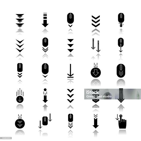 아래로 스크롤하여 그림자 검정 색 아이콘 세트를 놓습니다 인터넷 페이지 브라우징 및 다운로드 지표 아래쪽 화살표입니다 웹 커서 화살표가있는 Pc 마우스 공백에 대한 격리된