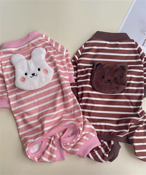 강아지 가을겨울 올인원 옷 단가라 스트라이프 귀여운 실내복 잠옷 긴팔 티셔츠 바지 외출복 나들이룩 귀여운 곰돌이토끼 에이블리