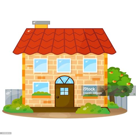 ภาพสีของบ้านอิฐการ์ตูนที่มีหลังคาสีแดงบนพื้นหลังสีขาว ภาพประกอบเวกเตอร์สําหรับเด็ก ภาพประกอบ