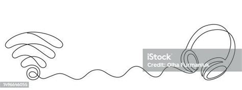 헤드폰 및 Wifi 신호 하나의 라인 아트 손으로 그린 장치 가제트 인터넷 핫스팟 연속 윤곽 음악 듣기 무선 및 액세스 포인트 온라인 개념 오디션 및 인터넷 기술 개요