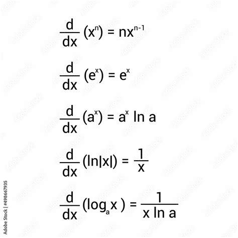 derivatives of exponential and logarithmic functions stock vector