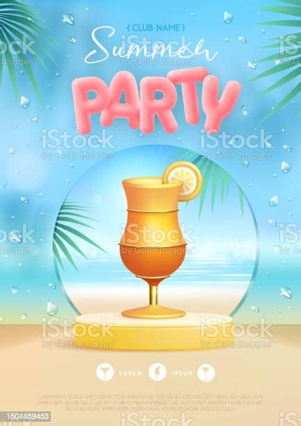 3d 무대와 데킬라 일출 칵테일이 있는 여름 디스코 파티 포스터 화려한 여름 해변 장면입니다 벡터 그림 3차원 형태에 대한 스톡 벡터 아트 및 기타 이미지 Istock