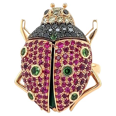 18 K Rose Gold Brown Diamonds And Blue Sapphires Ladybug Ring For Sale