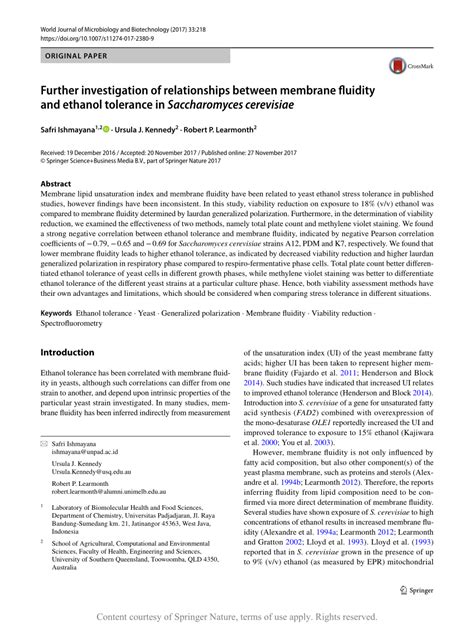 Further Investigation Of Relationships Between Membrane Fluidity And Ethanol Tolerance In