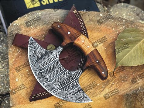 Handmade Damascus Steel Ulu Knife Alaskan Rocker Chopper Rosewood Handle Etsy