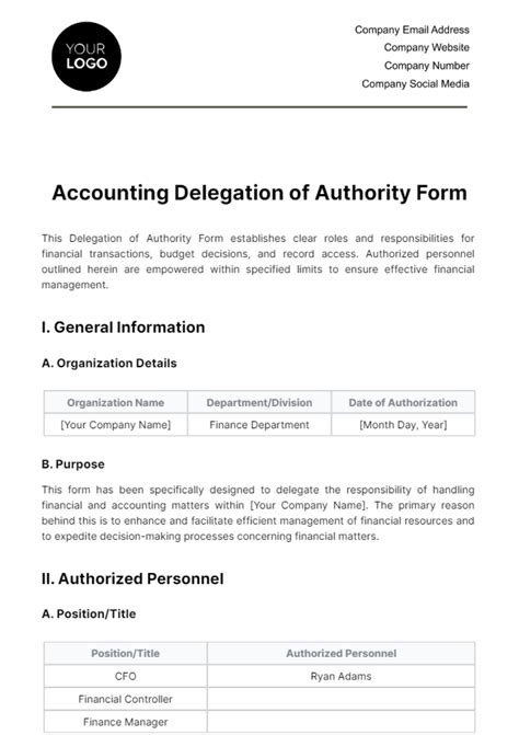 Free Accounting Delegation Of Authority Form Template To Edit Online