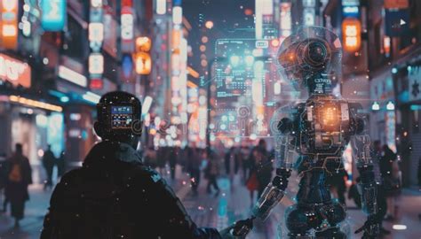 Humans And Ai Robots Coexisting In Futuristic City Aig60 Stock Illustration Illustration Of