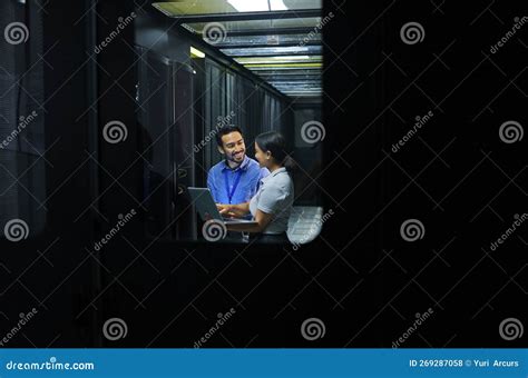 Man Woman Or Laptop In Server Room It Engineering Or Software Programming For Cybersecurity