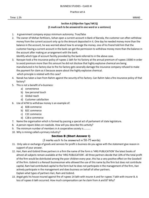 Class Xi Bst Questions Pdf Banks Money