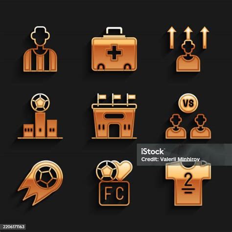 축구 경기장 팬클럽 축구 유니폼 및 티셔츠 또는 축구 선수 축구 스포츠 우승자 시상대를 통한 상 심판 아이콘을 설정합니다 벡터 0명에 대한 스톡 벡터 아트 및 기타 이미지