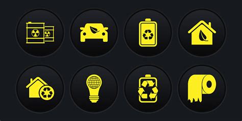 재활용 친절한 집 전구 세계 지구본 배터리 재활용 자동차 드라이브 잎 화장지 롤 및 방사성 폐기물 배럴 아이콘으로 에코 하우스 설정 벡터 0명에 대한 스톡 벡터 아트 및