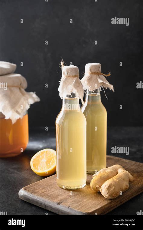 Homemade Organic Probiotic Kombucha With Honey Lemon And Ginger On
