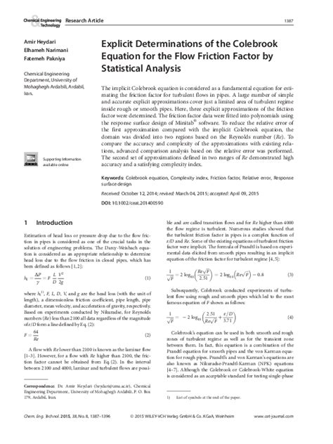Pdf Explicit Determinations Of The Colebrook Equation For The Flow Friction Factor By
