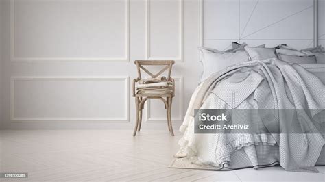 부드러운 침대 베개와 담요 화이트 몰딩된 벽 나무 측면의 자 우아한 인테리어 디자인의 전체와 빈티지 클래식 침실의 미완성된 프로젝트 초안 0명에 대한 스톡 사진 및 기타