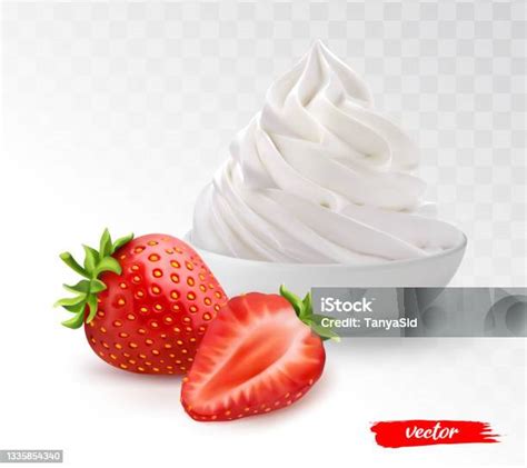 전체 딸기와 반 딸기와 휘핑 크림의 화이트 그릇 딸기와 휘핑 크림의 3d 사실적인 벡터 그림 보울에 대한 스톡 벡터 아트 및 기타 이미지 Istock
