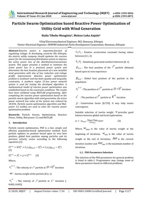 Irjet Particle Swarm Optimization Based Reactive Power Optimization Of