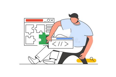 App Development Outline Web Concept With Character Scene Man Creates Software And Building