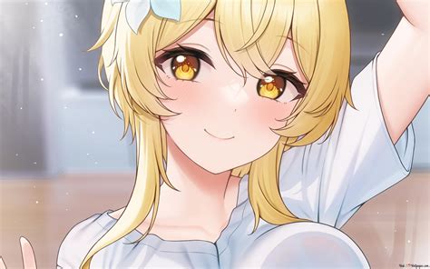 Blonde Girl Lumine Sticking With Mirror Genshin Impact K Wallpaper Download