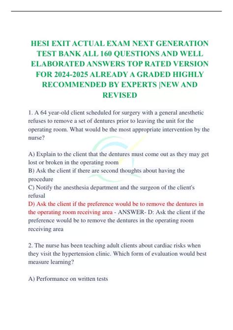 Hesi Exit Actual Exam Next Generation Test Bank All 160 Questions And Well Elaborated Answers