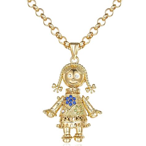 Gold Rag Doll Pendant With Blue Stones On Belcher Chain Scotts Jewellers