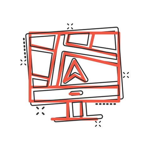 Computer Navigation Icon In Comic Style Monitor Pin Gps Cartoon Vector