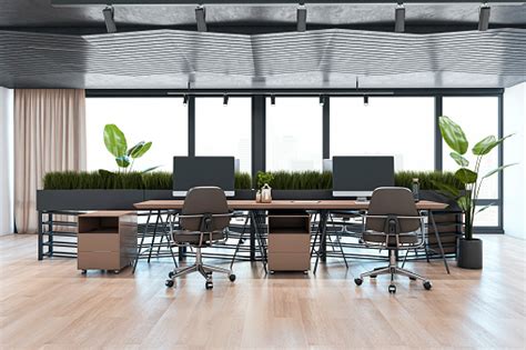 가구와 일광 창문 및 도시 전망을 갖춘 밝은 콘크리트 및 목재 사무실 인테리어 3d 렌더링 사무실 의자에 대한 스톡 사진 및 기타 이미지 Istock