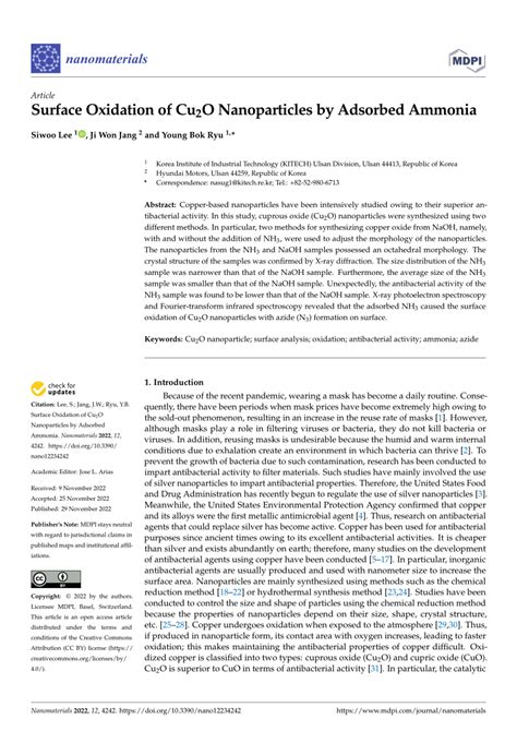 Pdf Surface Oxidation Of Cu2o Nanoparticles By Adsorbed Ammonia