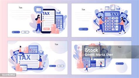 온라인 세금 납부 비즈니스 개념 세금 양식을 작성하고 청구서를 지불하는 작은 사람들 지불 마감일 방문 페이지 템플릿 Ui 웹