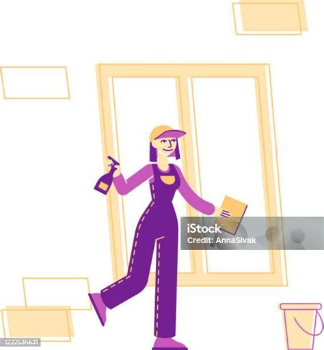 직장에서 장비를 가진 전문 청소 회사 노동자 헝겊으로 균일 한 바지 세척 창에서 여성 캐릭터 하우스 키핑 직업 청소 서비스 개념