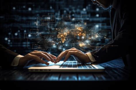 Premium Photo Businessman Working On Laptop With Network Hologram D Rendering Businessman