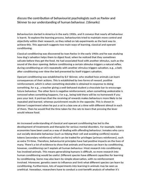 Behaviourist Approach 16 Marker Contributiuons Pdf Behaviorism