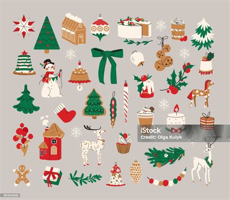 축제 상징과 디자인 요소의 큰 크리스마스 세트입니다 회색 배경에 고립 된 손으로 그린 스타일의 귀여운 평면 그림 개체 그룹에 대한 스톡 벡터 아트 및 기타 이미지 Istock