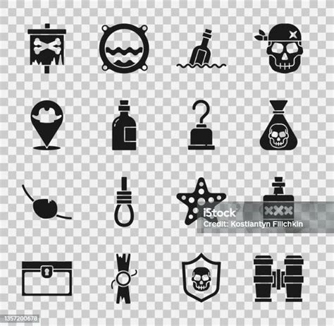 쌍안경 알코올 음료 럼 해적 동전 메시지 물 병 위치 해적 플래그 및 후크 아이콘을 설정합니다 벡터 걸이 장비에 대한 스톡 벡터 아트 및 기타 이미지 Istock