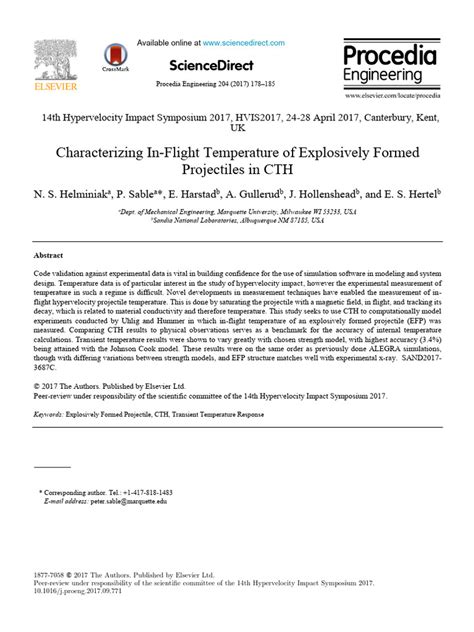 Characterizing In Flight Temperature Of Explosively Formed Projectiles In Cth2017 Pdf