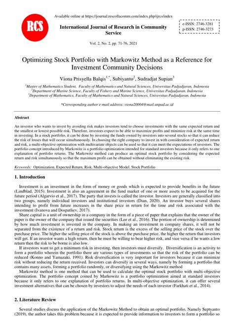 Pdf Optimizing Stock Portfolio With Markowitz Method As A Reference For Investment Community