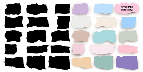 찢어진 종이 프레임 세트입니다 화려하고 검은 찢어진 종이의 콜라주 모양 실루엣 벡터 찢어지고 구겨진 종이 조각으로 채색된 컬렉션은 흰색 배경에 그림자가 분리되어 있습니다