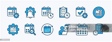 관리 업무 스케줄 아이콘의 집합입니다 캘린더 알림 계획 시간 알림 체크리스트 날짜 의제 마감일 다이어리 이벤트를 포함합니다 벡터 일러스트 레이 션 개발에 대한 스톡 벡터
