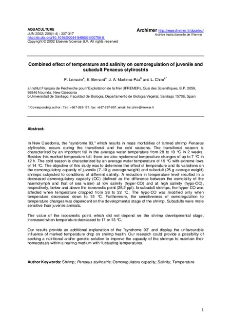 Pdf Combined Effect Of Temperature And Salinity On Osmoregulation Of Juvenile And Subadult
