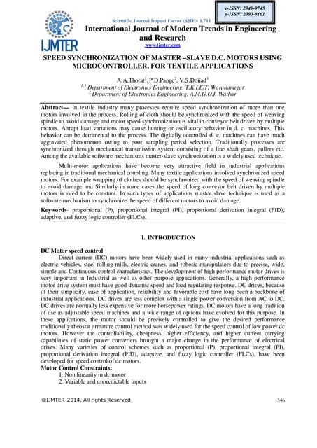 Speed Synchronization Of Master Slave Dc Motors Using Microcontroller For Textile