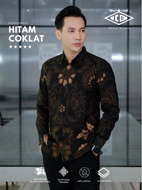 Jual Ahmat Busana Batik Pria Slimfit Premium Kemeja Motif Manindra Hitam Lengan Panjang Katun