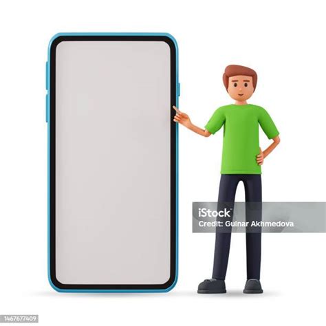 큰 스마트폰 근처에 서서 흰색 배경에 격리된 3d 그림을 가리키는 남자 큰 빈 스마트폰 디스플레이 3d 그림에서 손가락을 가리키는 젊은 남자의 전신 길이 3차원 형태에 대한