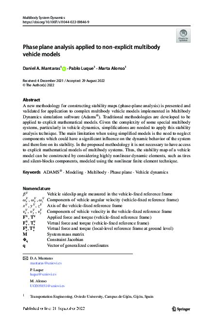 Pdf Phase Plane Analysis Applied To Non Explicit Multibody Vehicle Models
