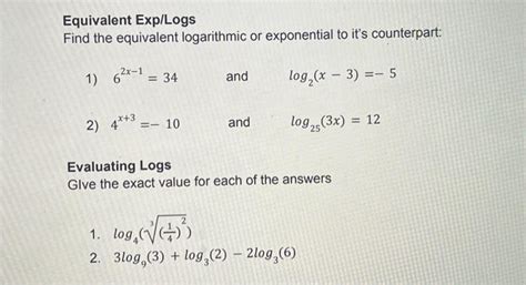 Solved Equivalent Exp Logs Find The Equivalent Logarithmic