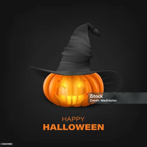 벡터 할로윈 호박은 검은 배경에 마녀 모자를 썼다 귀여운 잭 오 랜턴 초대장 카드 포장 배너 디자인을위한 조각 호박 얼굴 3d 현실적인 호박 10월에 대한 스톡 벡터 아트