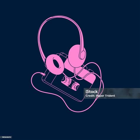 헤드폰이 있는 테이프 오디오 플레이어 오래 된 카세트 음악 녹음기 복고풍 음악 장비 믹스테이프 장치 가제트 빈티지 무선 스테레오 기술 흑백 평면 고립 된 벡터 그림 믹스