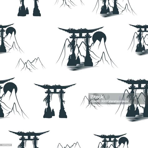 도리이 문 태양 분재 나무와 산의 매끄러운 패턴 일본인은 직물 질감 포장지를 위한 벡터 동양 배경을 손으로 그렸다 그래픽 프린트에 대한 스톡 벡터 아트 및 기타 이미지