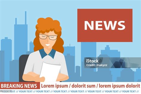 Tv 방송 뉴스에 앵커 우먼 속보 벡터 일러스트 레이 션 텔레비전 개념에 미디어 평면 벡터 일러스트 뉴스 캐스터에 대한 스톡